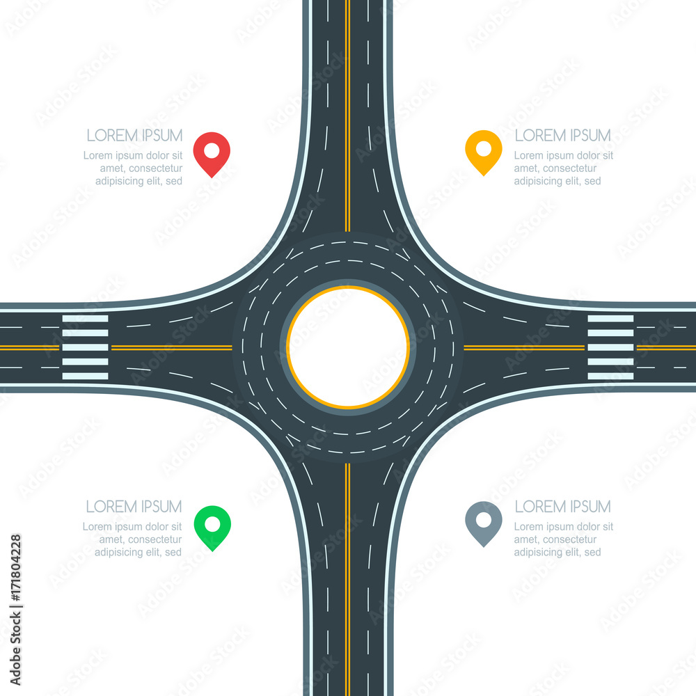 Roundabout road junction, isolated on white background, vector ...