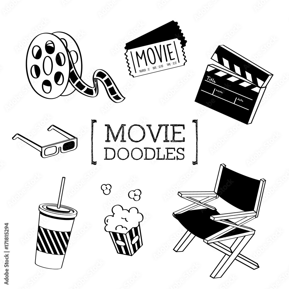 Movie Doodle, Hand drawing styles of Movie items. Stock Vector | Adobe ...