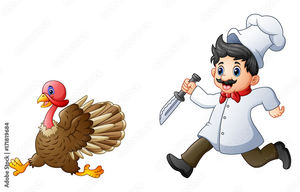 Cartoon chef chasing a turkey Stock Vector | Adobe Stock