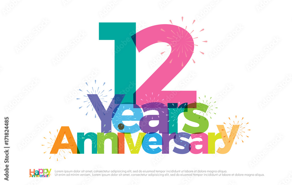 12 years anniversary celebration colorful logo with fireworks on white ...