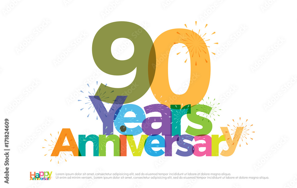 90 years anniversary celebration colorful logo with fireworks on white ...