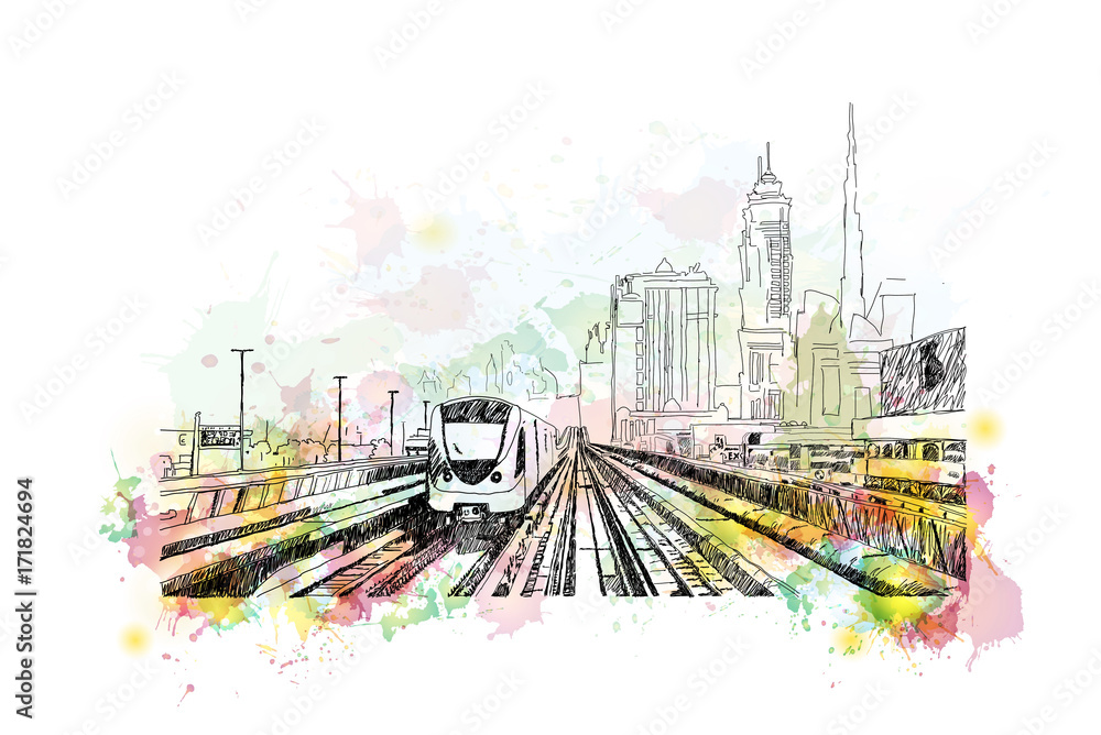 Watercolor sketch of Metro rail, Dubai, UAE in vector illustration ...