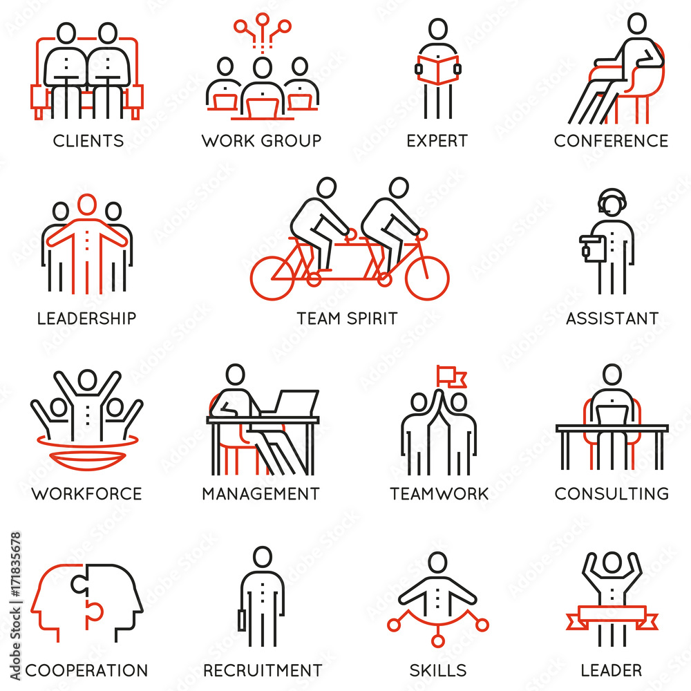 Vector set of linear icons related to collaboration, cooperation, team ...