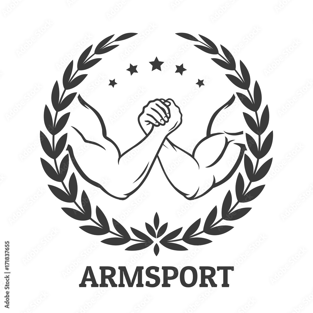Arm wrestling logo with two men hands, stars and laurel wreath. Vector ...
