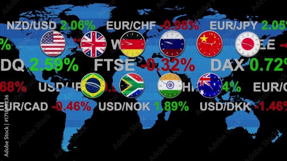 ticker board world forex stock market news with clocks going in real ...