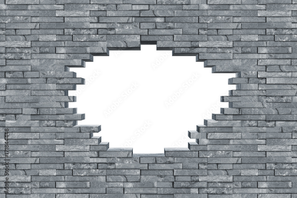 hole in gray slate stone wall texture isolated white background / Loch ...