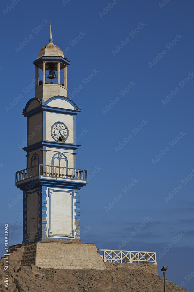 Historic wooden clock tower from the era of nitrate mining in the ...