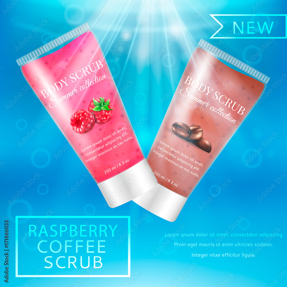 Vecteur Stock Realistic packaging body scrub cosmetics water background ...