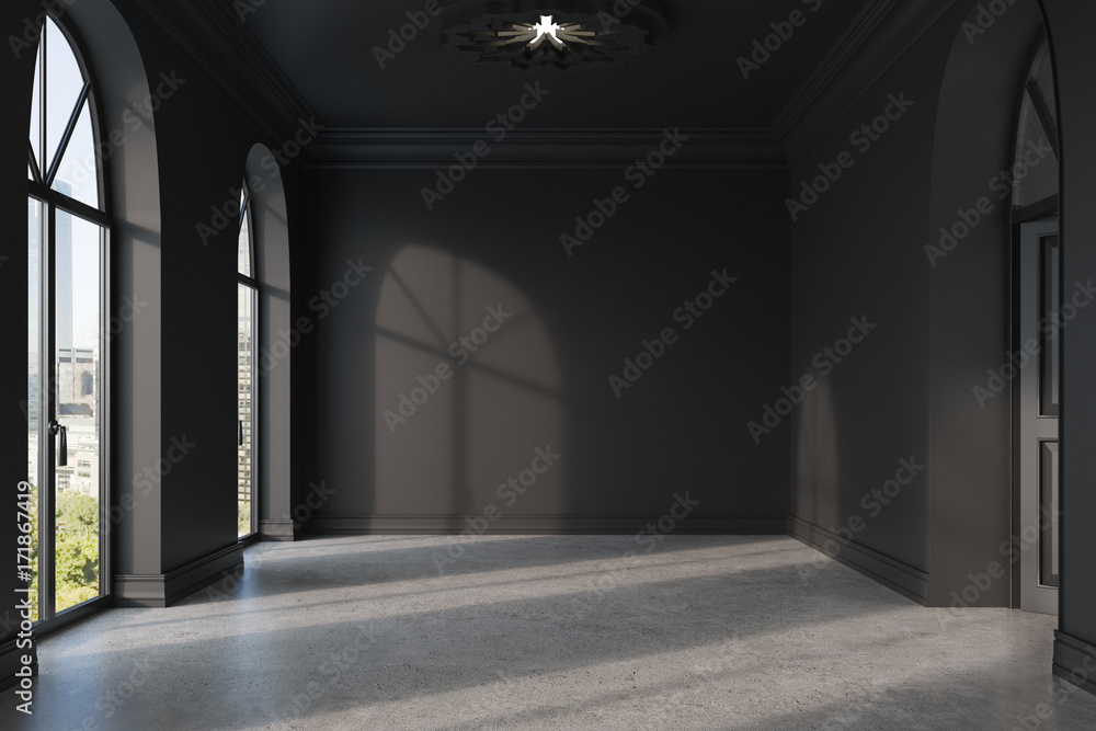 Empty black room with a concrete floor Stock Illustration | Adobe Stock