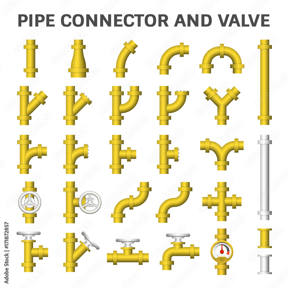 Pipe icon and flange fitting. Include control valve and pressure gauge ...