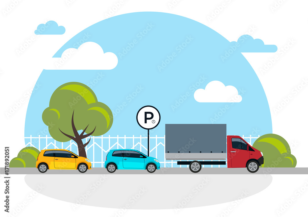 Parking Vector Illustration Isolated On White Flat Parking Lot Sign Near The Car Parked