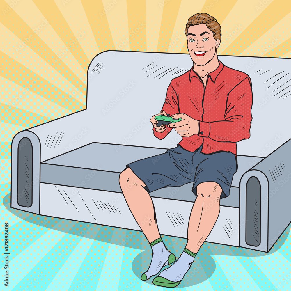 Pop Art Man Playing Video Game on a Game Console. Computer Gaming ...