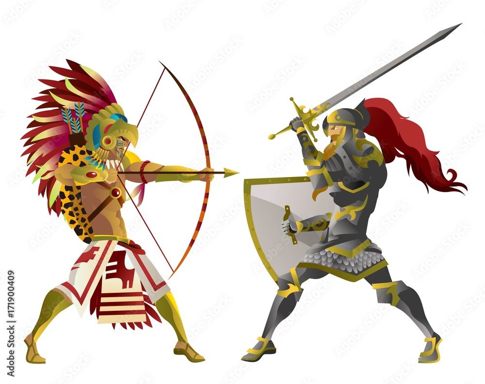 european knight fighting an aztec warrior Stock Vector | Adobe Stock
