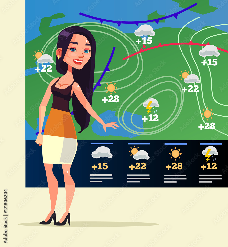 Happy smiling woman weather reporter character. Vector flat cartoon ...