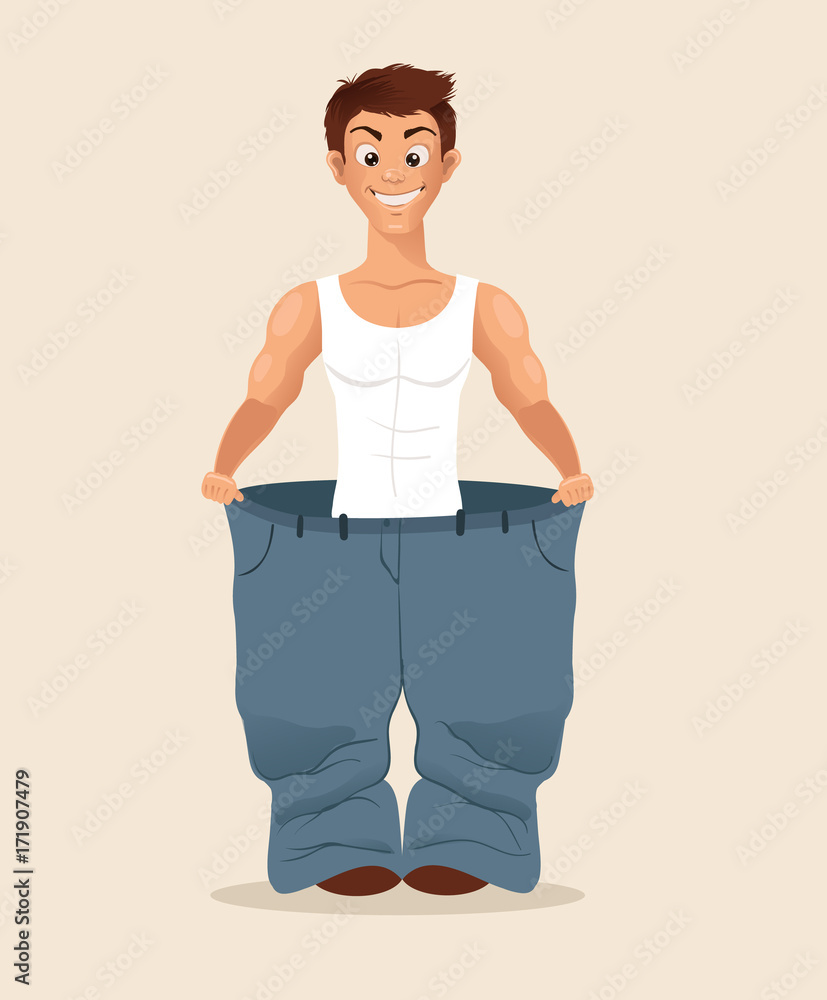 Happy smiling man character loose weight and try big pans. Vector flat ...