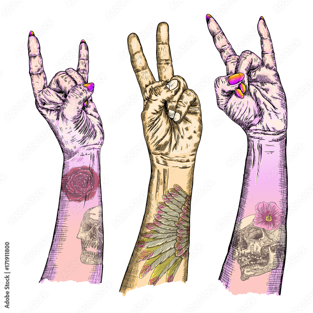 Set of Rock and Roll music hand sign. Hand drawn girl and guy style ...