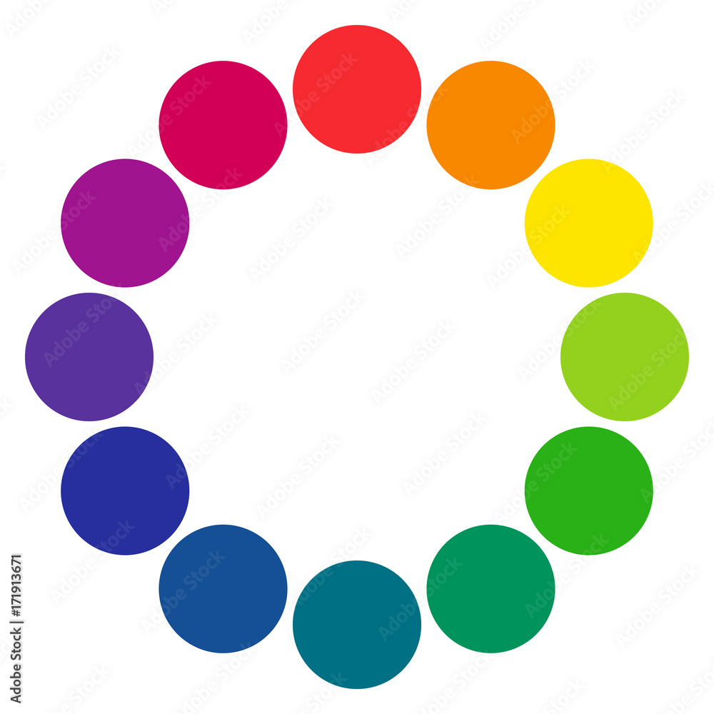12 sectioned RGB color wheel with circles. The complementary colors are ...