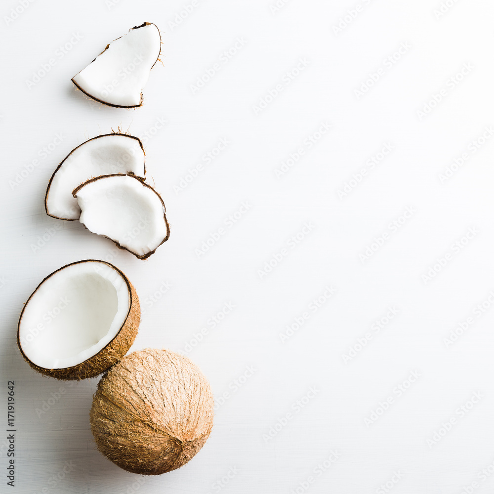 Tropical fruit whole and half abstract background .Coconut on white ...
