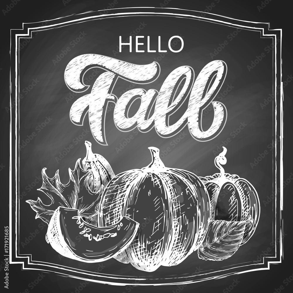 Hello Fall chalk hand lettering, custom calligraphy with maple leaves ...