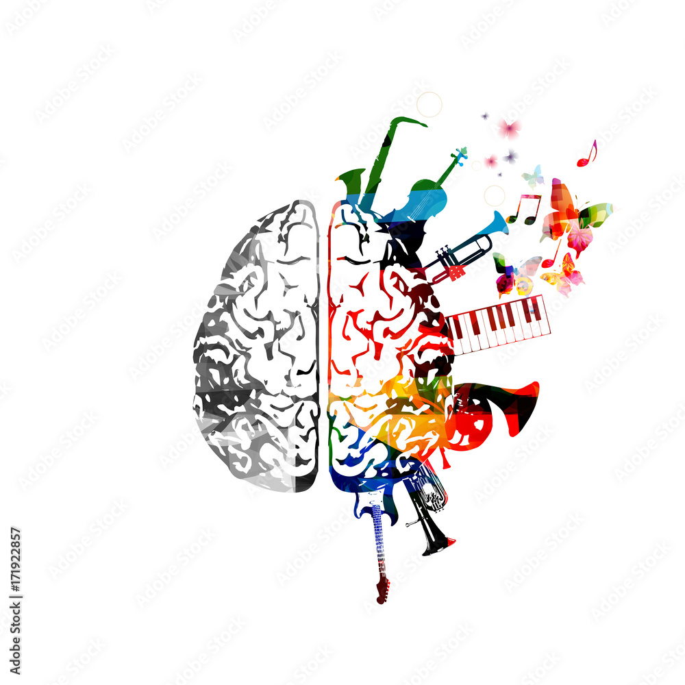 Music design vector. Colorful human brain with music instruments ...