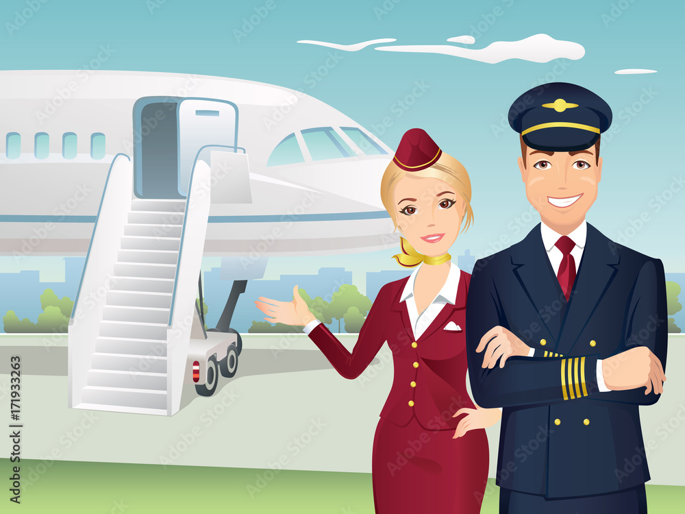 Pilot and Flight attendant of Commercial Airlines with the background ...