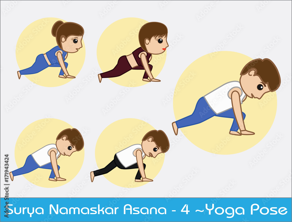 Yoga Cartoon Vector Poses - Surya Namaskar Step - 4 Stock Vector ...