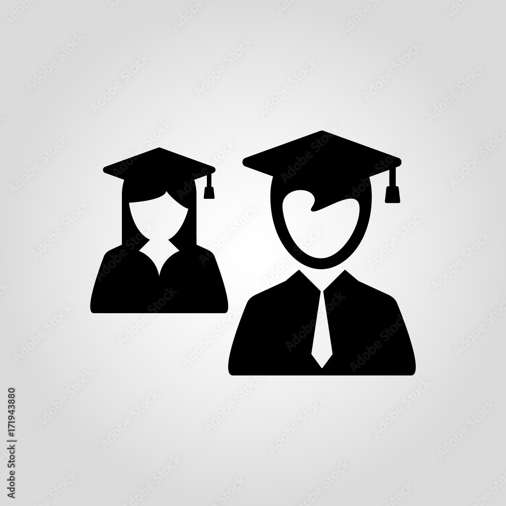 Graduate girl and boy in square cap or hat with tassel vector icon ...