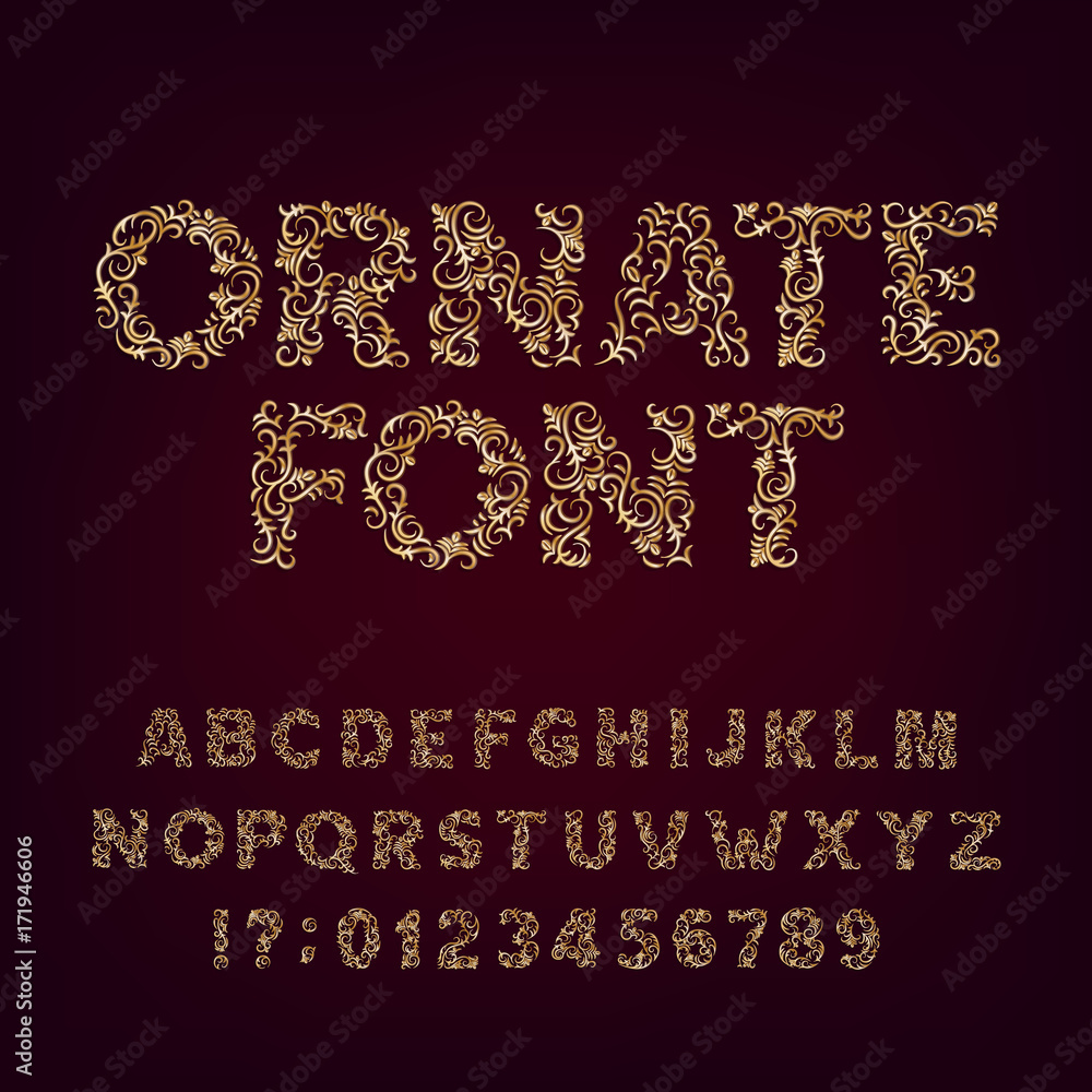 Ornate golden typeface. Ornamental alphabet font. Metallic effect ...