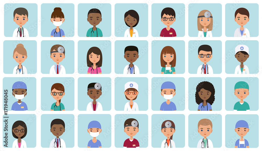 Flat people doctors, nurses and surgeons. Animated avatars. Faces ...