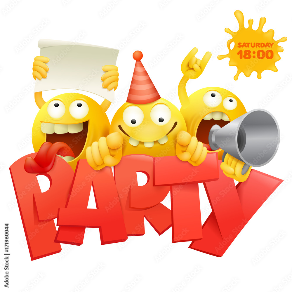 Smiley yellow faces group emoticon characters with Party invitation ...