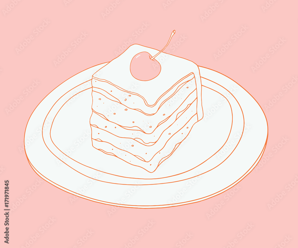 Hand drawn piece of cake on the plate with cherry. Dessert line art on ...