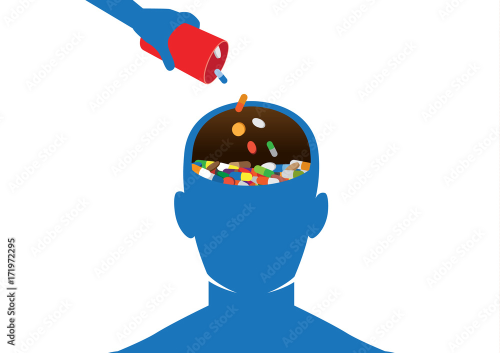 Hand put many medicine into human head. Illustration about effects of ...