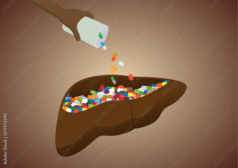 Hand put many drug into human liver. Illustration about danger of ...