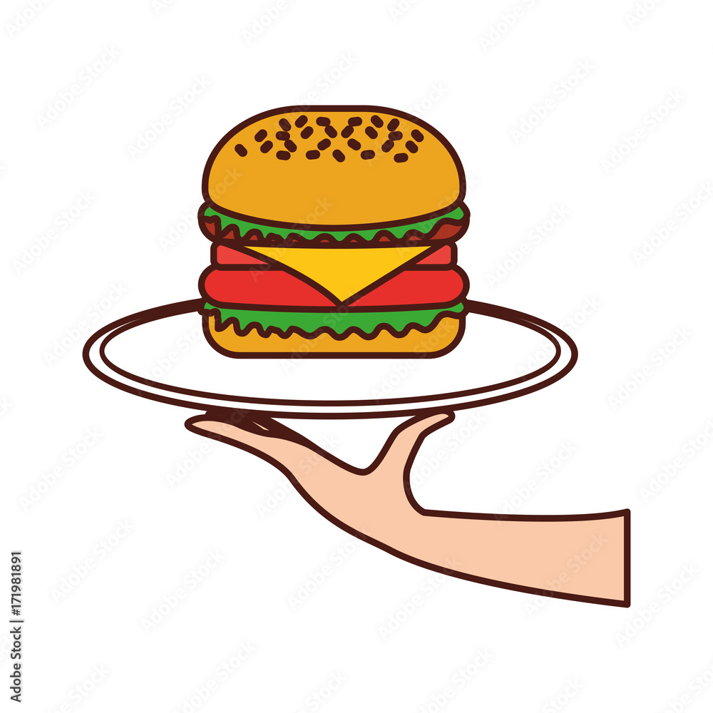 hand holding burger in dish fast food tasty delicious snack lunch ...