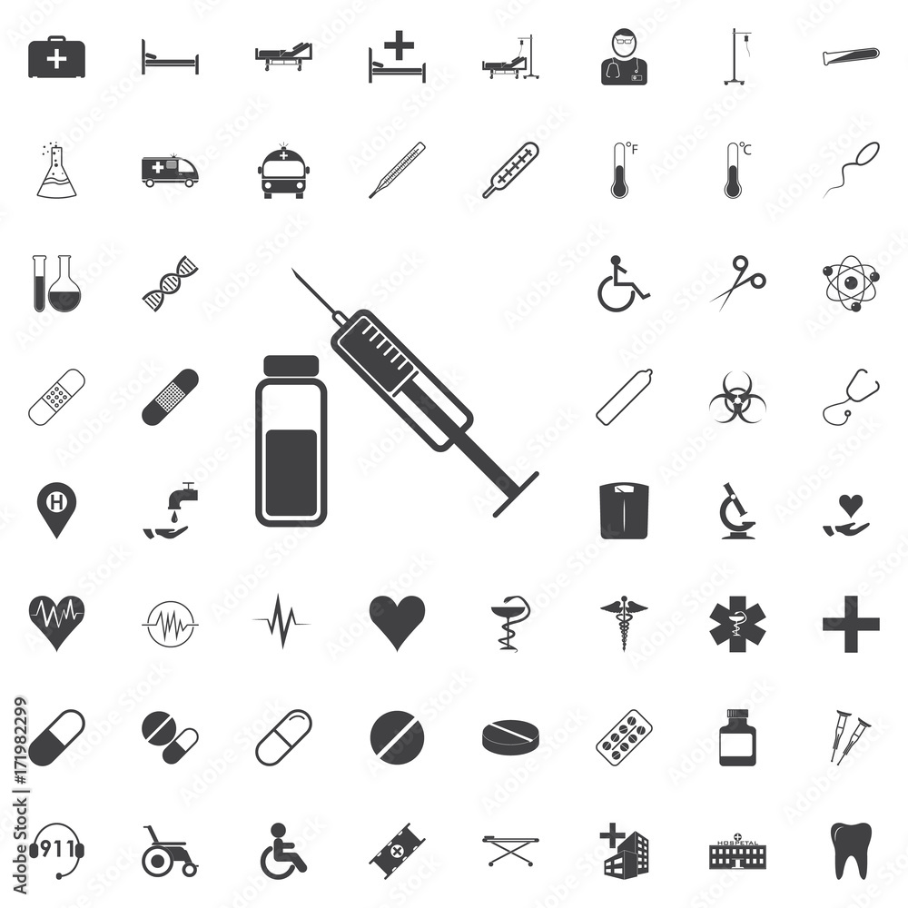 medical symbol. syringe and vial Icon black icon on the white ...