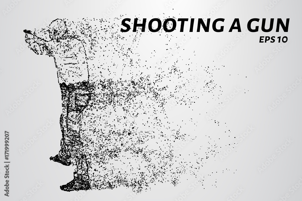 Shooting a gun from the particles. A man fires a gun. Silhouette of ...