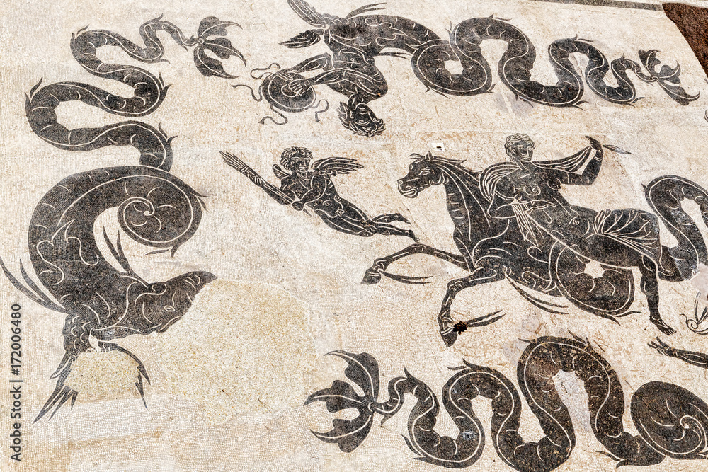 The beautiful Roman mosaic of Amphitrite that rides a hippocampus ...