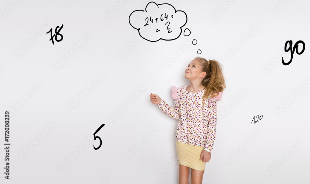 Gracious stunning little girl is a student at the blackboard at school ...