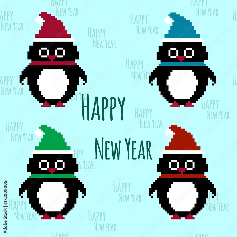 Vector illustration of set pixel art cute cartoon penguins and Happy ...