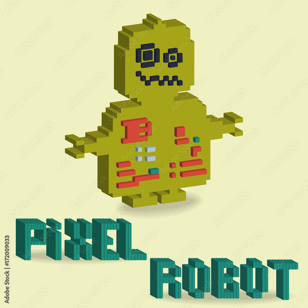 Vector of 3D pixel art robot for design project. Retro cute pixel robot ...