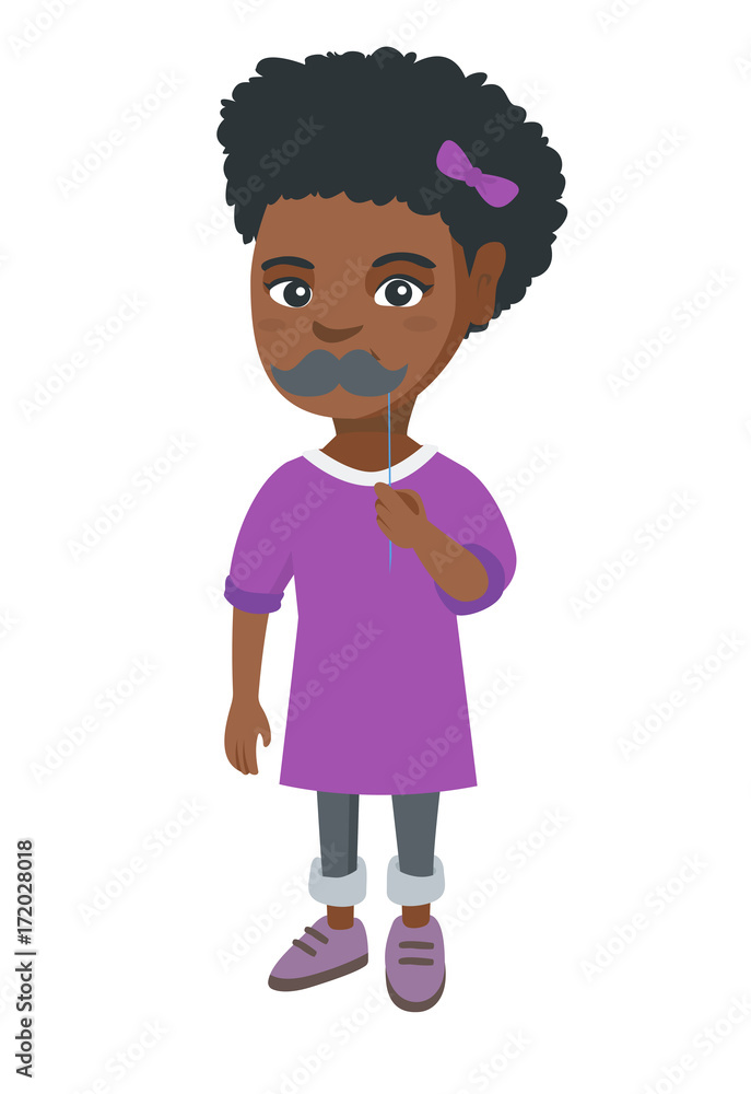 Little african-american girl holding fake moustache on a stick in front ...