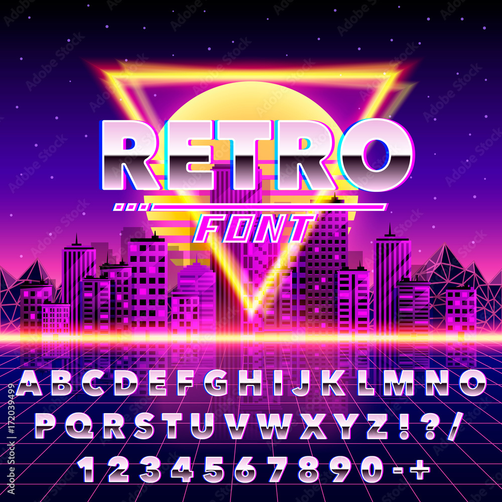 Retro font vintage on the neon city background. Vector illustration ...