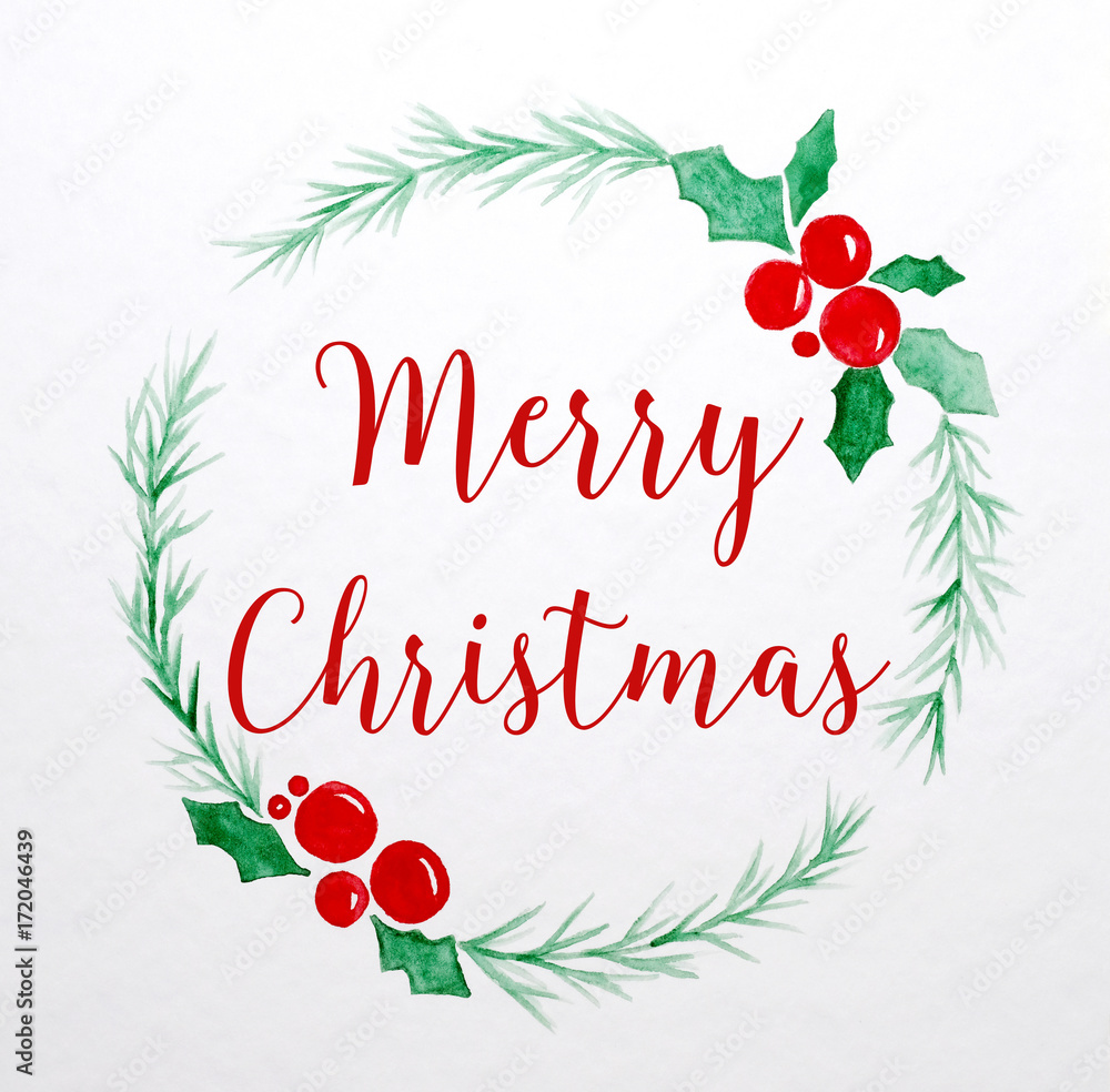 Merry Christmas wreath watercolor drawing on white paper background ...