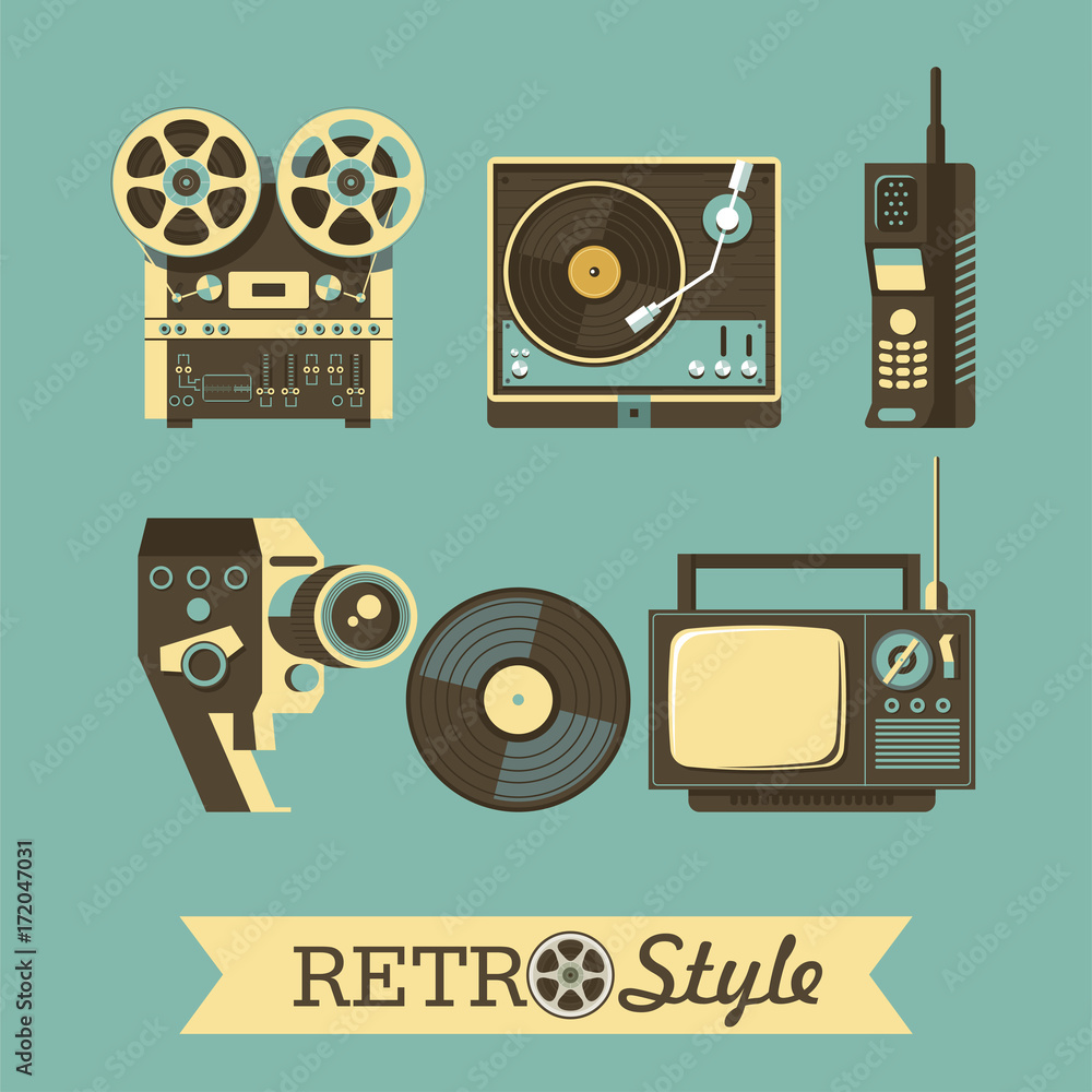 Retro appliances. A set of vector objects. Old TV reel tape recorder ...