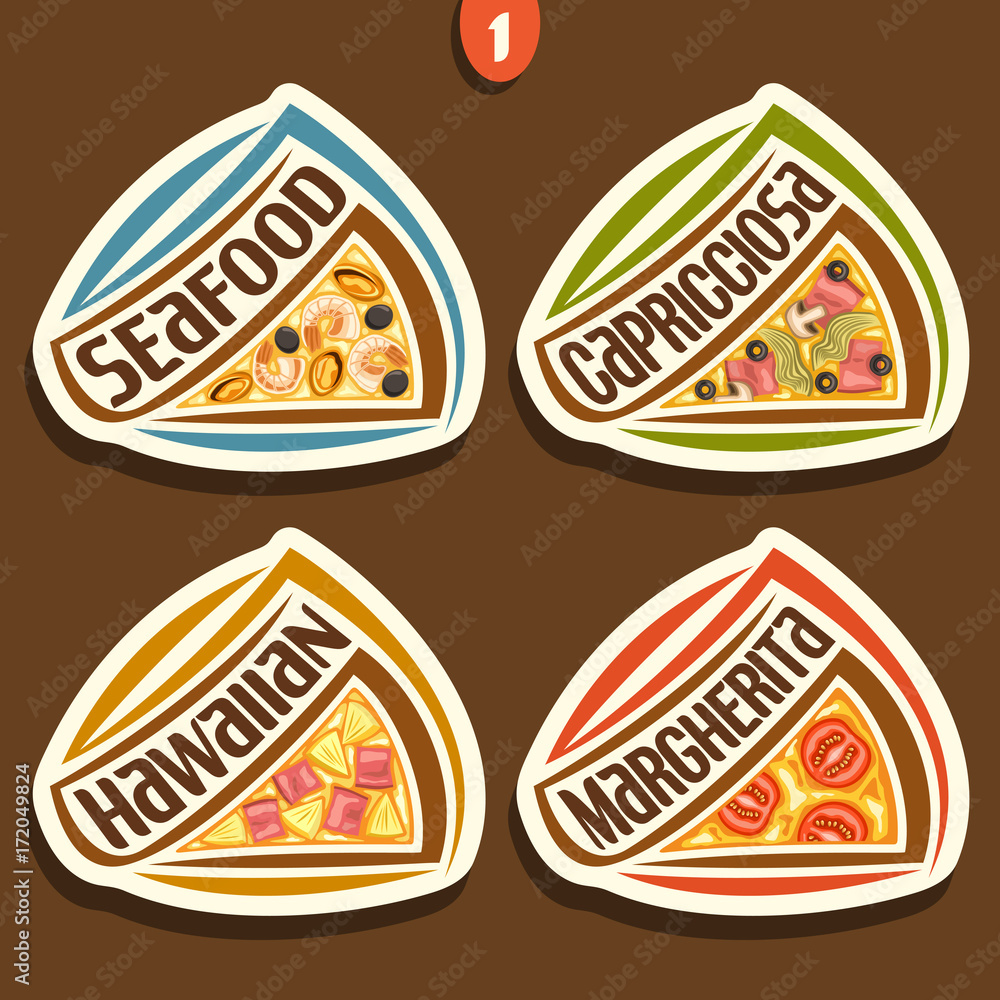 Vector set signs for italian Pizza: 4 labels for pizzeria menu with ...
