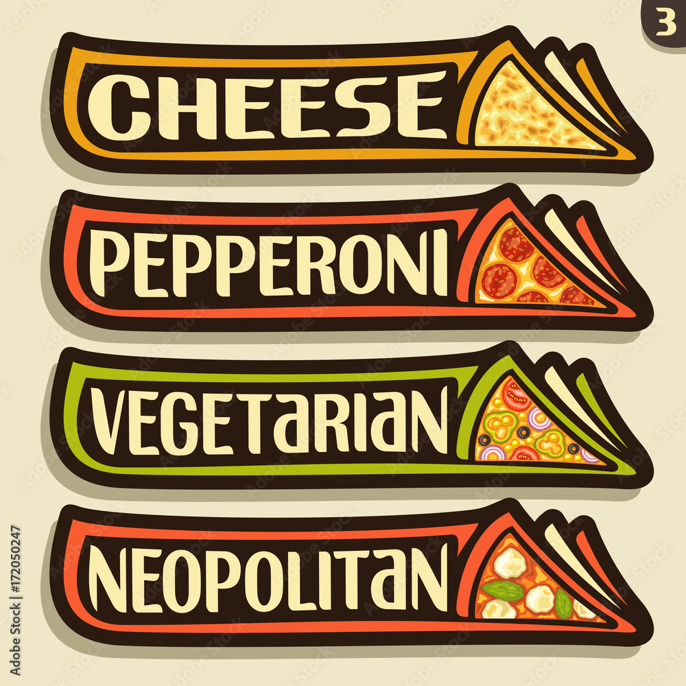 Vector set labels for italian Pizza: 4 horizontal stickers for pizzeria ...