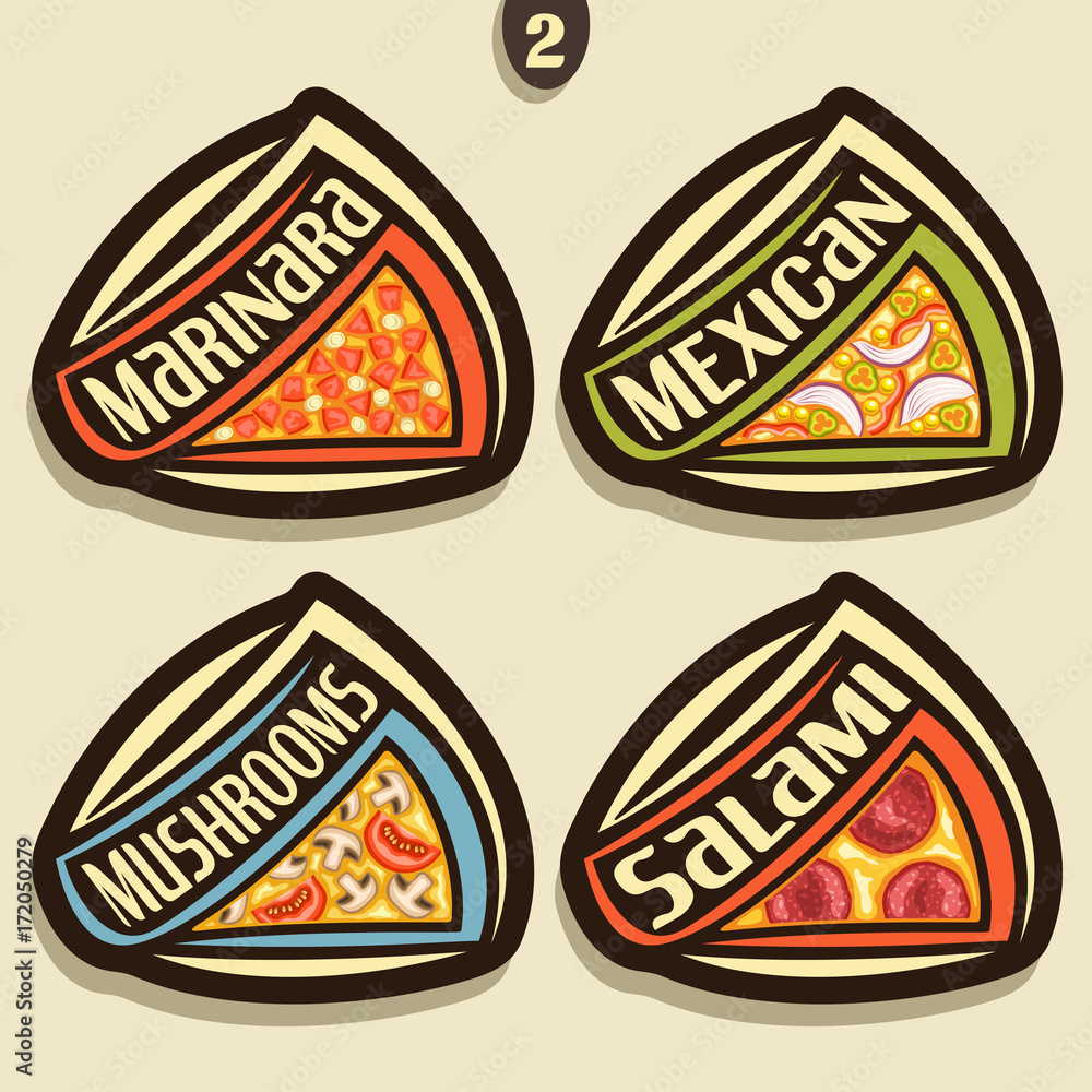 Vector set signs for italian Pizza: 4 labels for pizzeria menu with ...