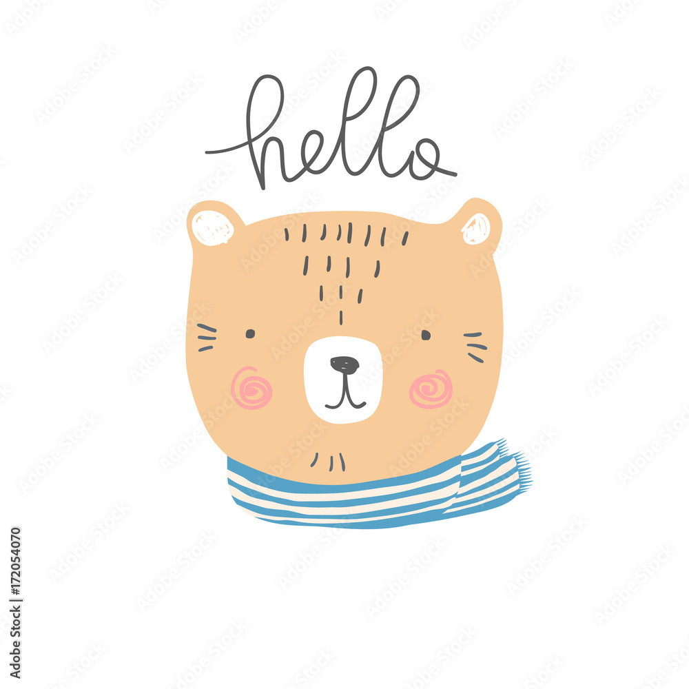 stylized colored hand drawn Illustration of cute bear head with hello ...