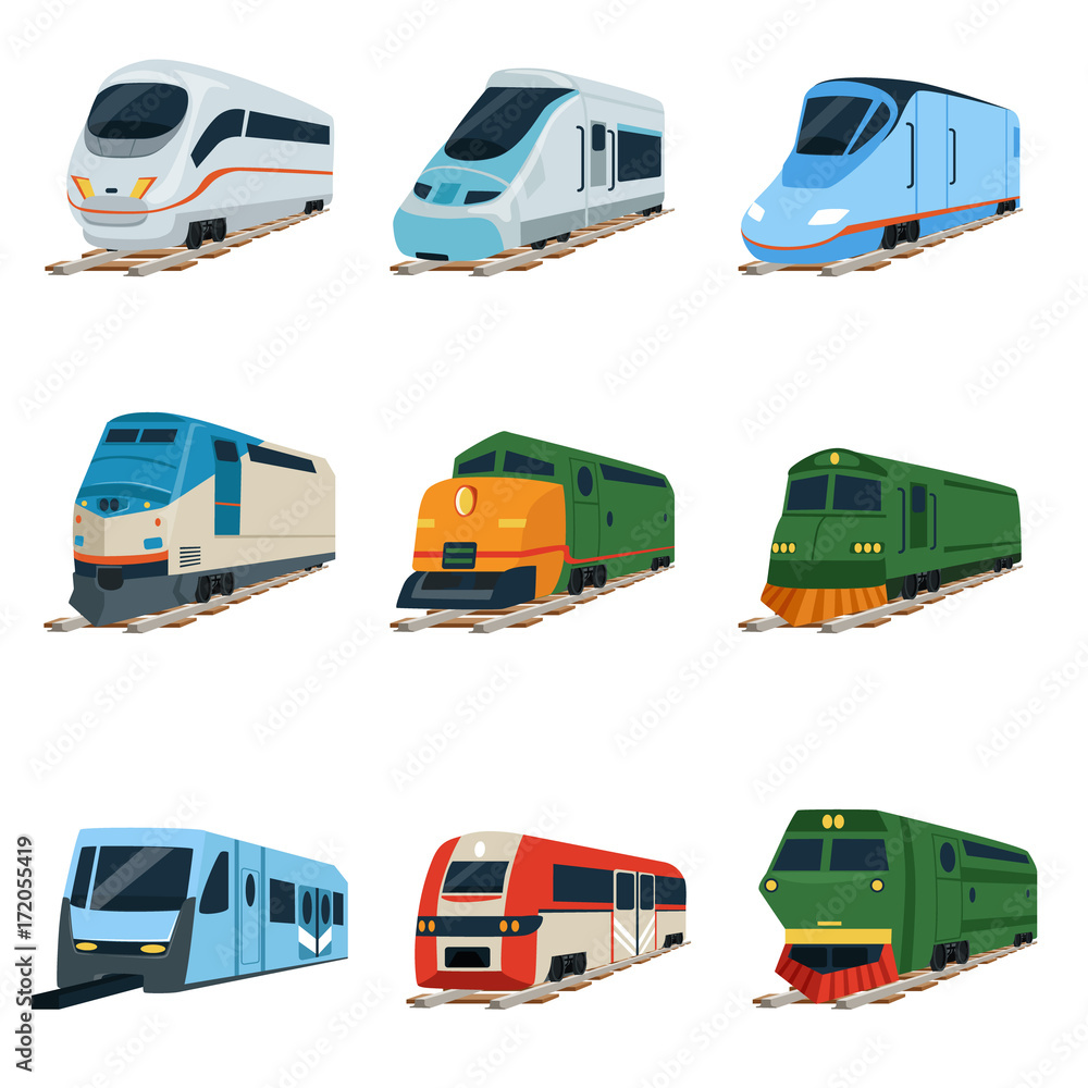 Retro and modern trains locomotive set, railway carriage vector ...