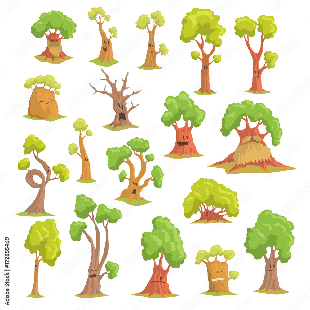 Cute tree characters set, funny humanized trees with different emotions ...
